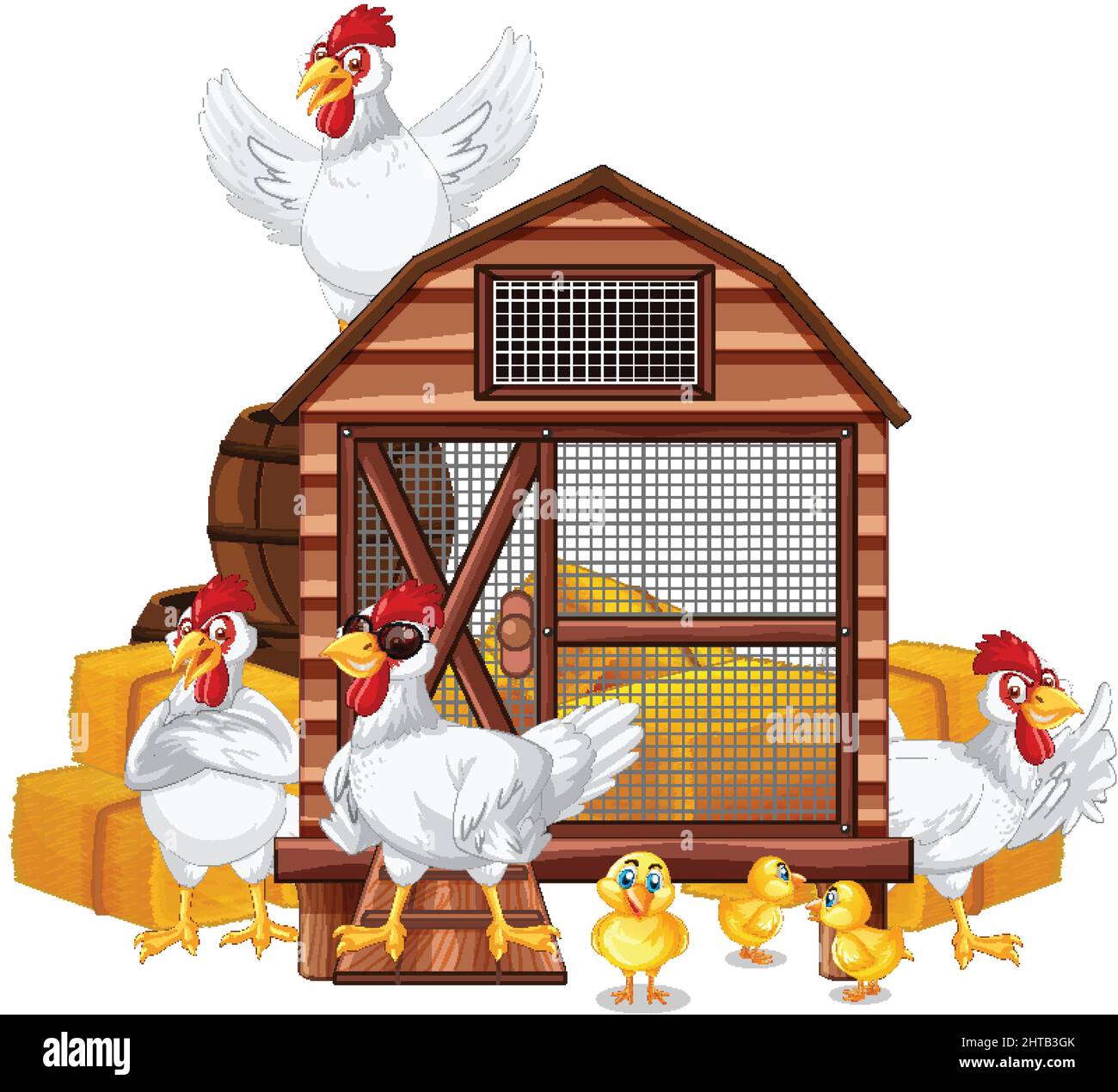 An isolated scene with a group of chickens in cartoon style ...