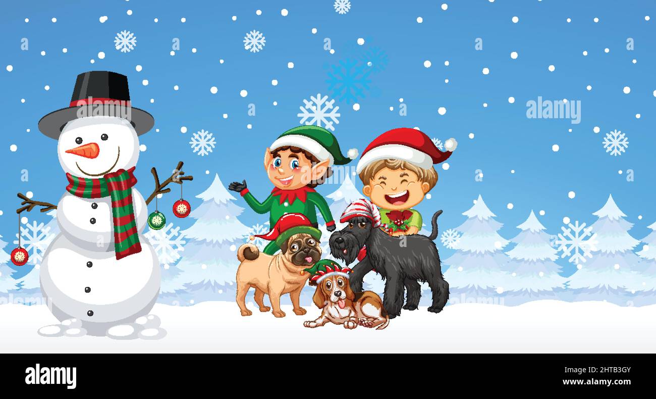 Christmas cartoon characters on snowy blue background illustration ...