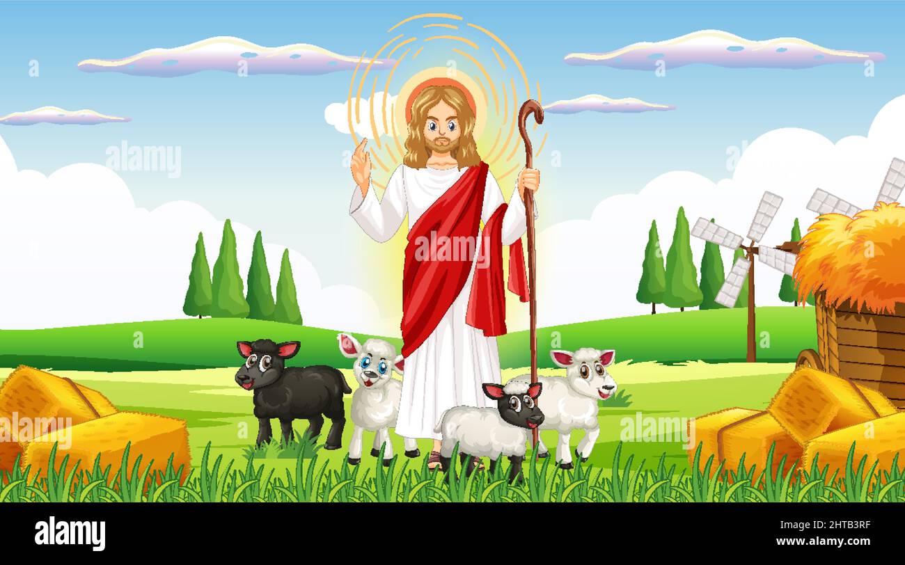 Jesus and animals in farm scene illustration Stock Vector Image & Art ...