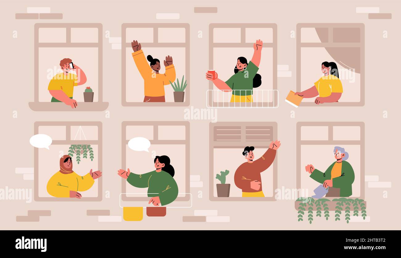 Different people in house windows. Concept of good neighbors, positive ...