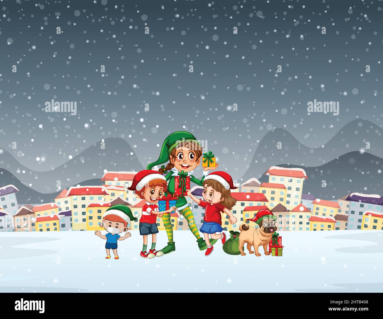 Snowy night scene with elf and dogs in cartoon style illustration Stock ...
