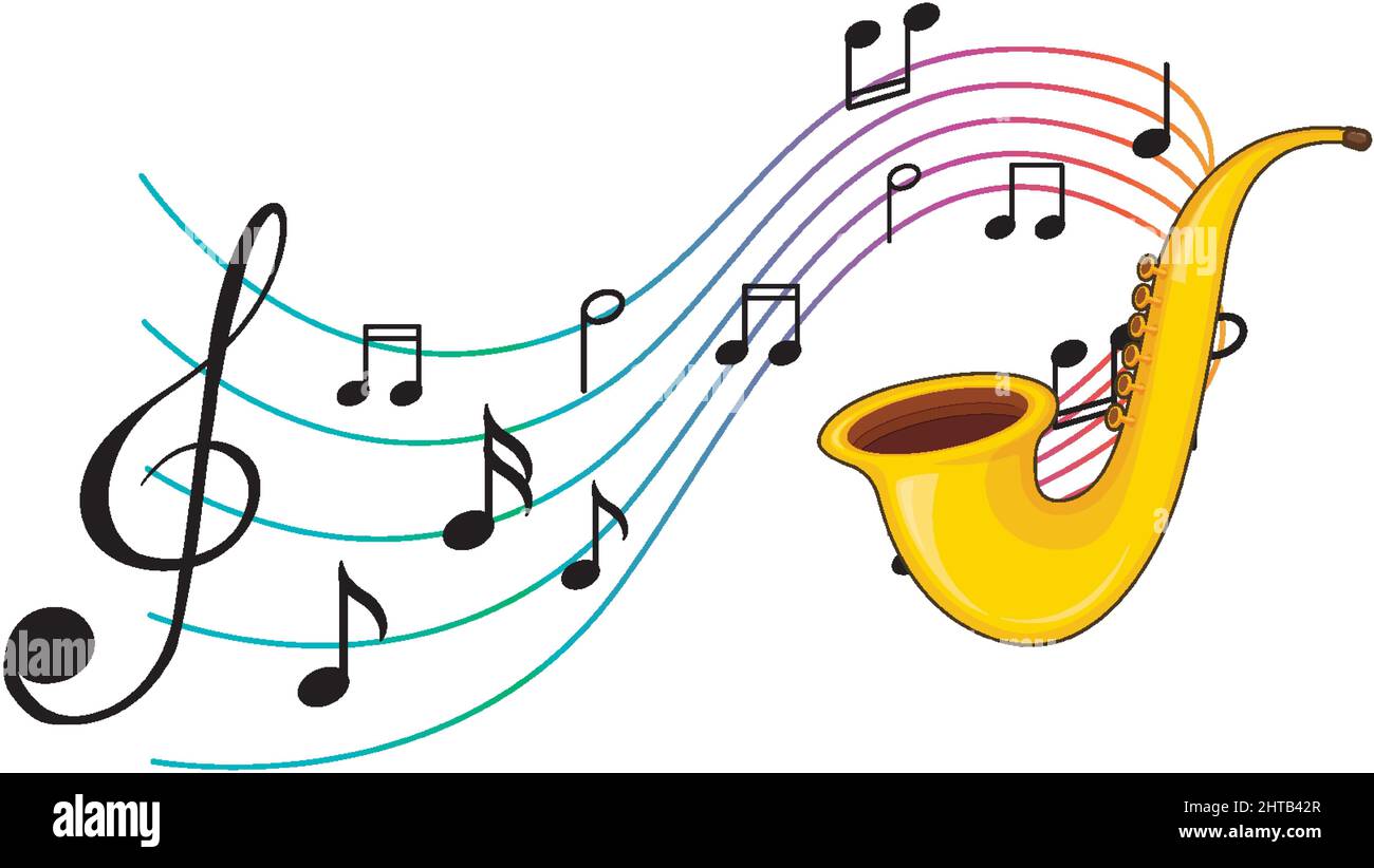 A saxophone with musical notes on white background illustration Stock ...