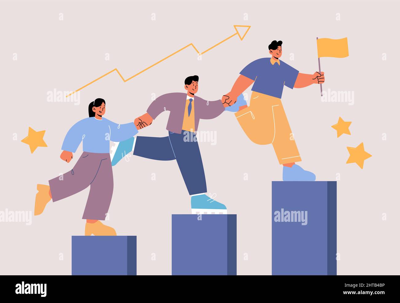 Leadership concept with people climbing up on top of graph together ...