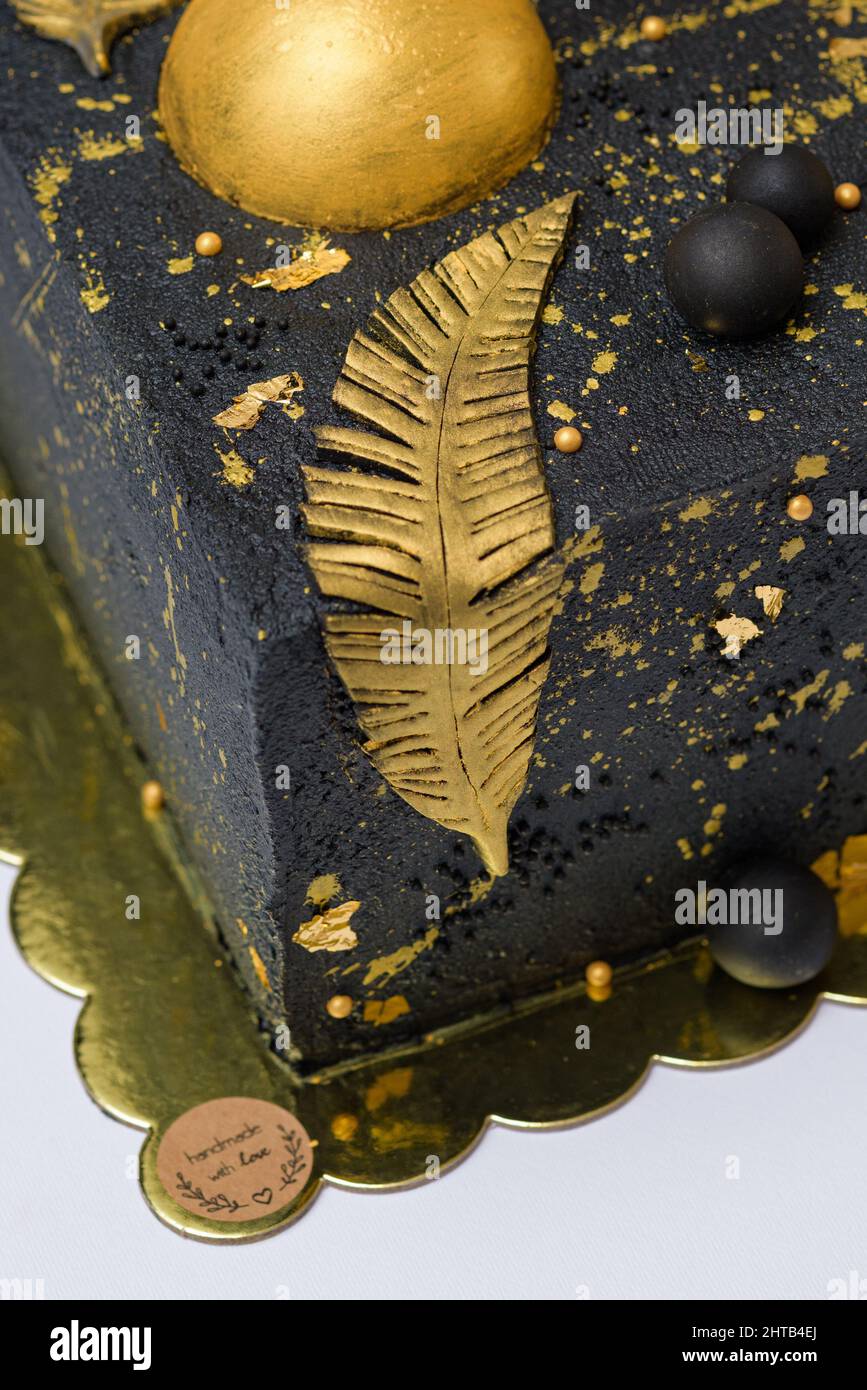 Photo of a black mouse birthday cake with golden splatter and ...