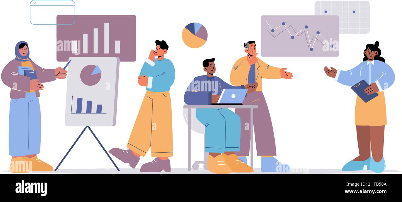 Diverse people team work with analytic data on dashboard with graphs ...