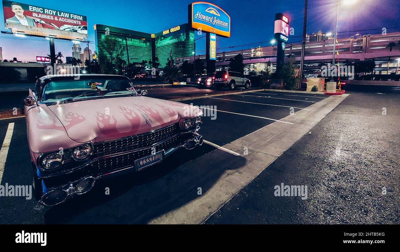 Classic pink Cadillac in a parking lot in Las Vegas, Nevada, USA at ...