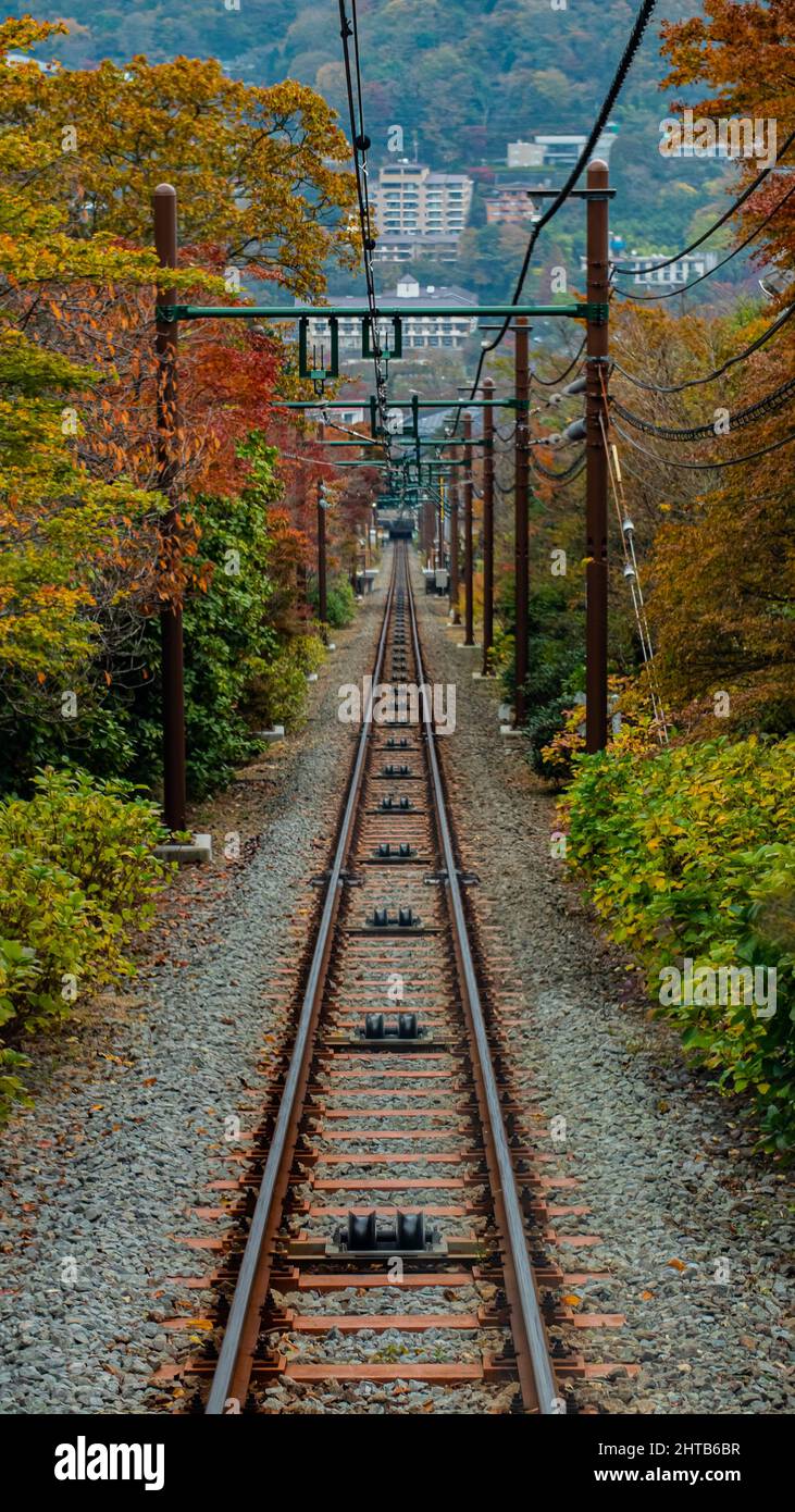 Vertical shot of a railroad passing through the autumn park Stock Photo ...
