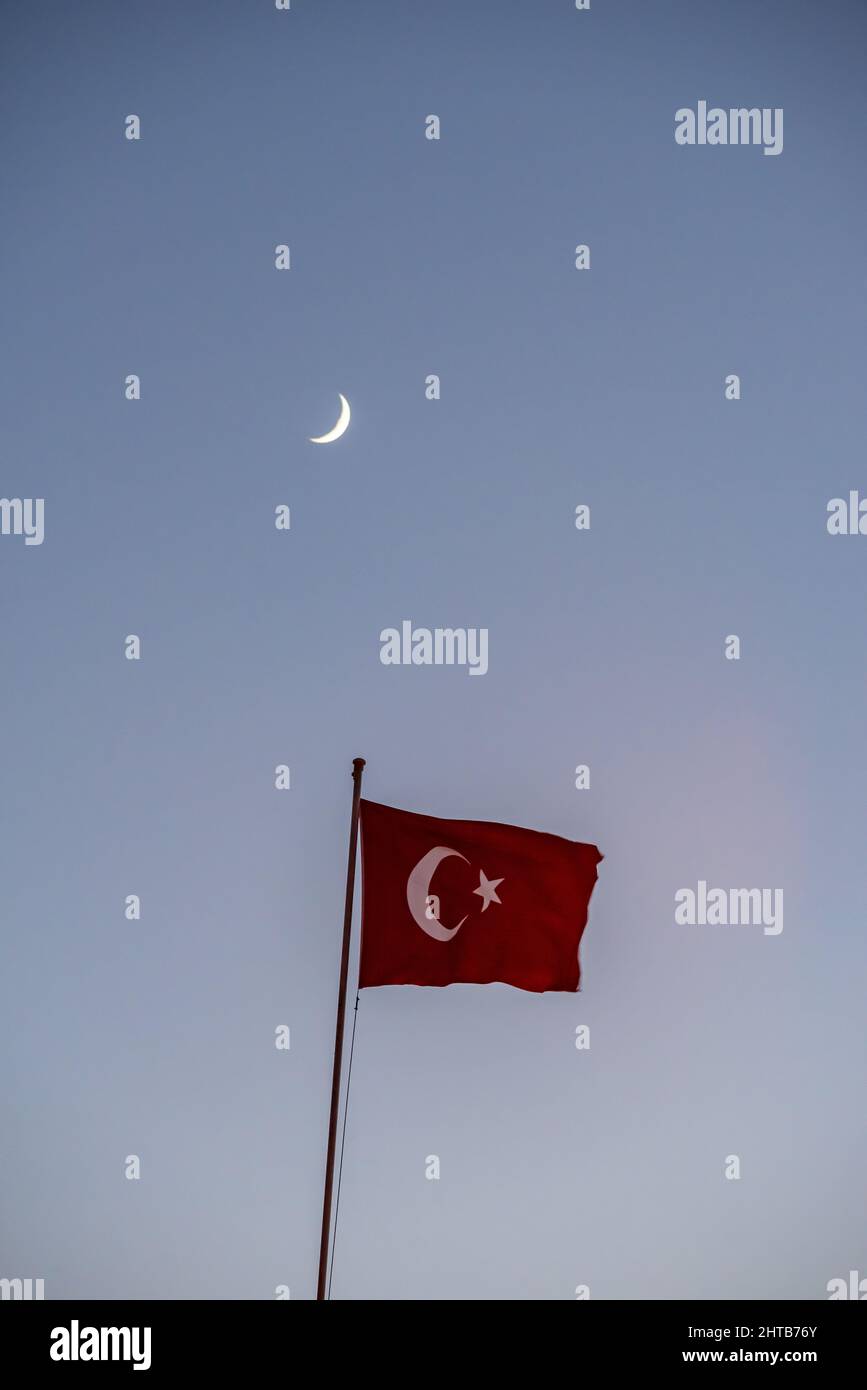 Beautiful evening view of the Turkish flag in republic square in ...