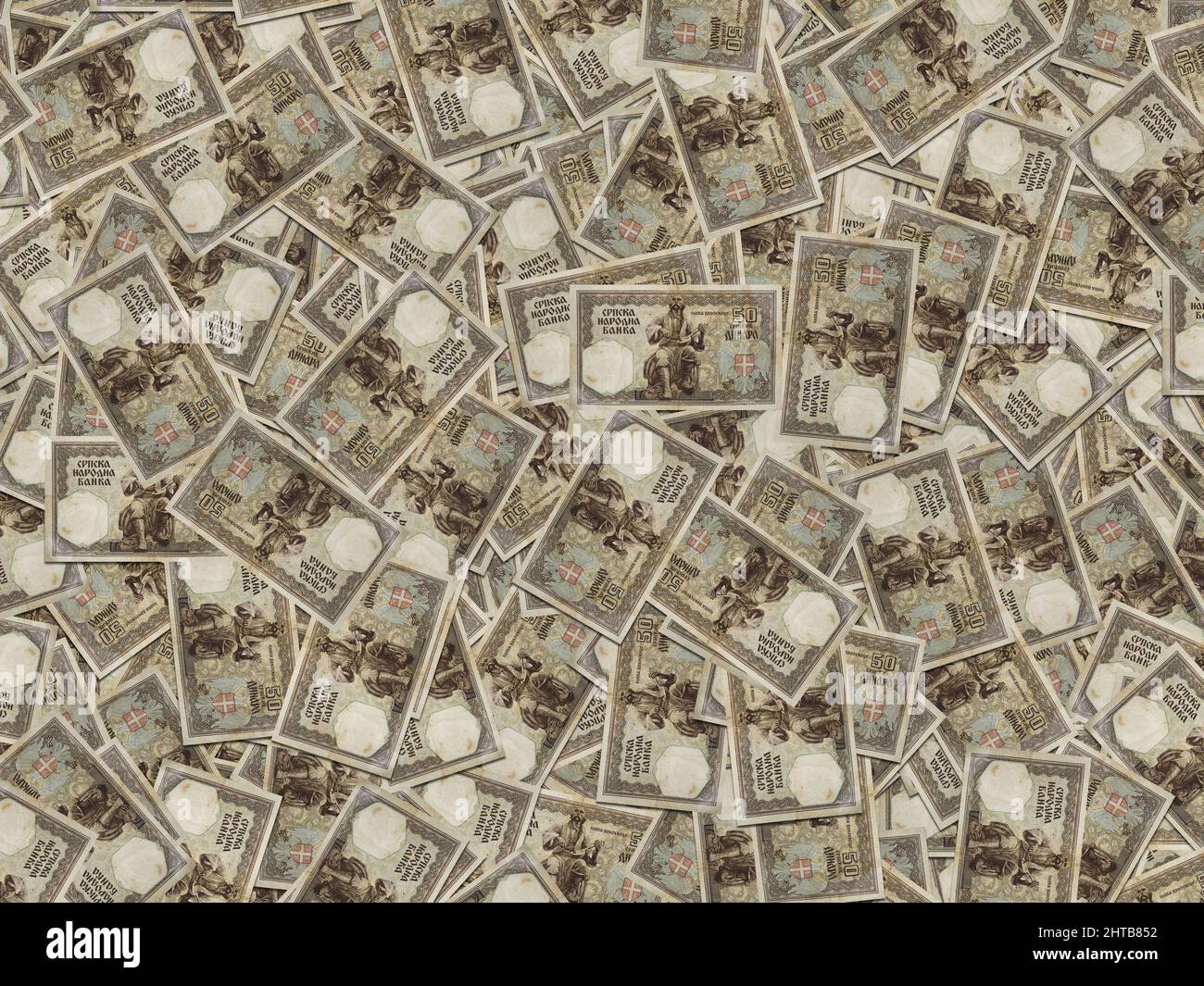 Top view of historical WW2 serbian dinar banknotes, background or ...