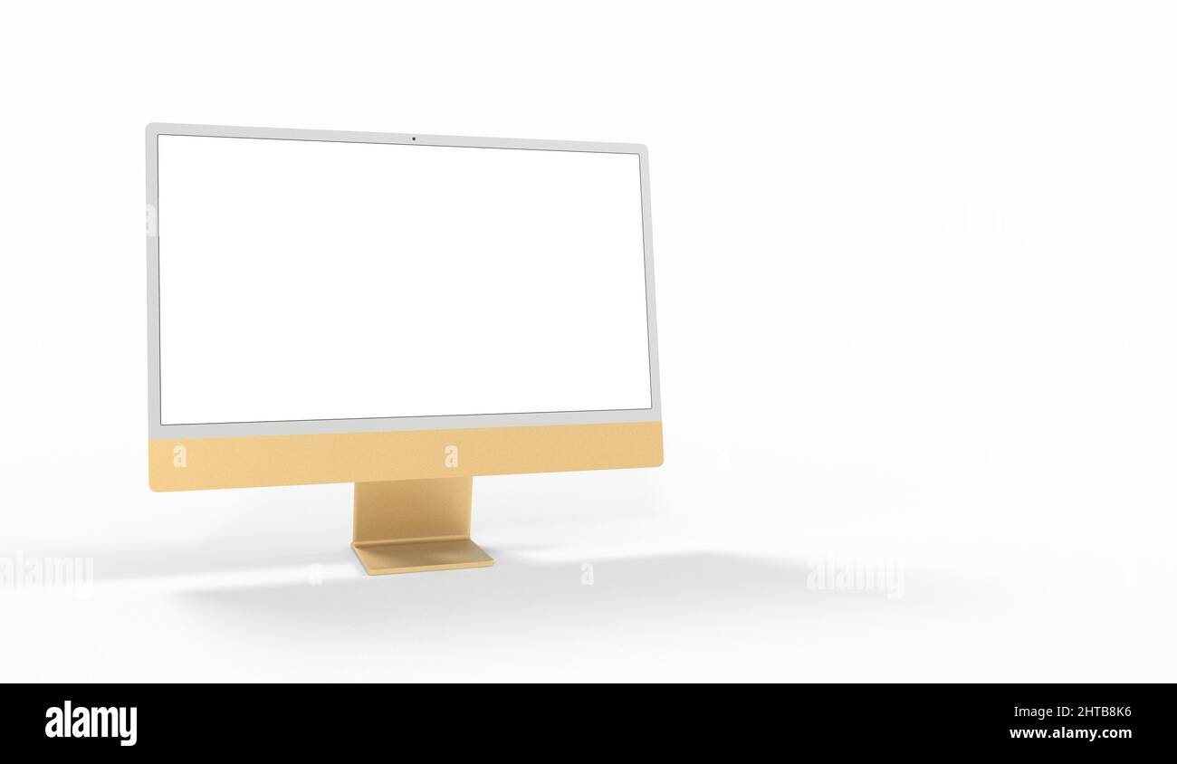 3D rendering of a gold computer screen with copy space on an isolated ...
