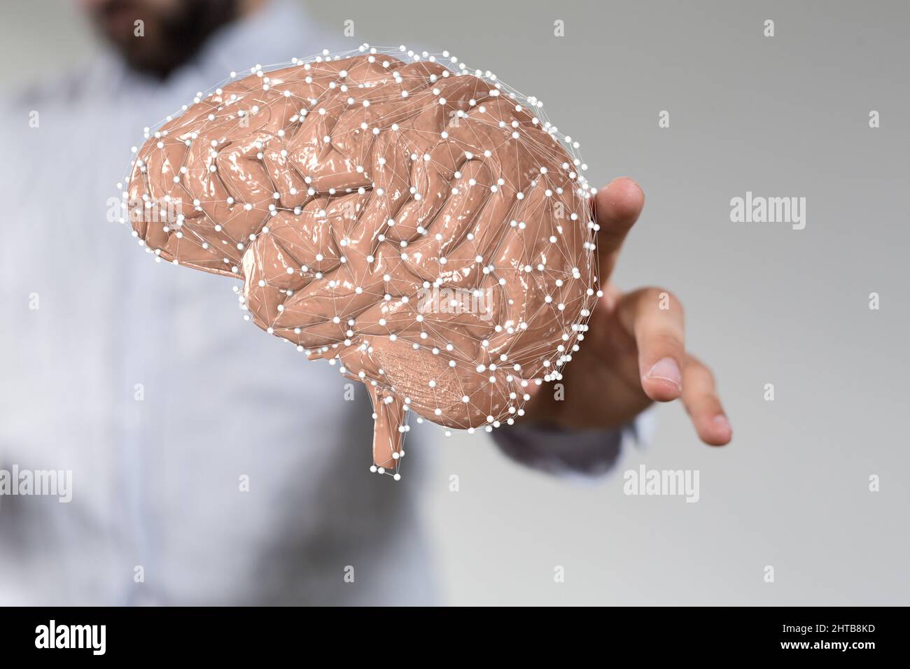 Person presenting the virtual projection of the human brain Stock Photo ...