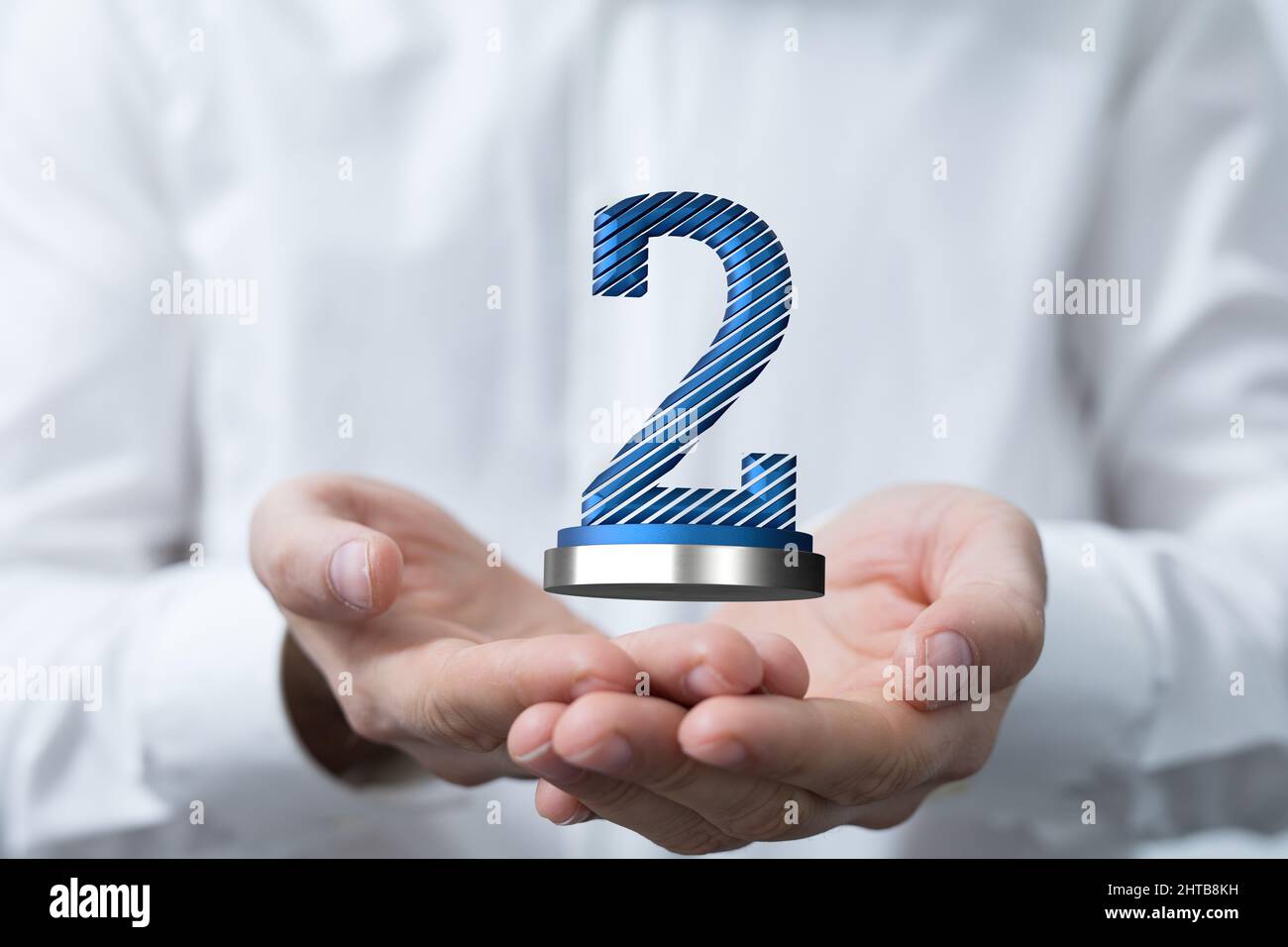 3D rendering of a blue 2nd place trophy floating in the air with a man ...