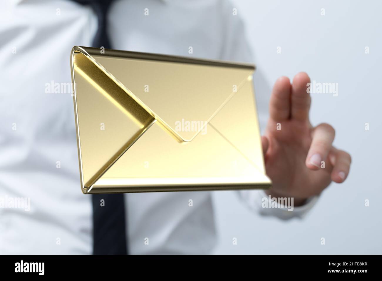 3D rendering of a big gold letter floating in the air with a man ...