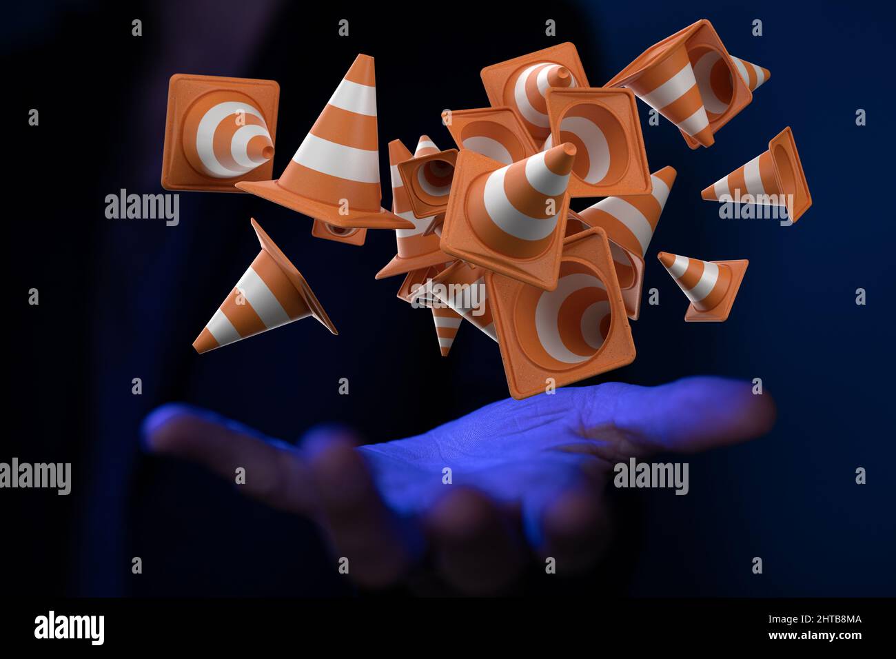 3D rendering of vibrant orange traffic cones floating in the air with a ...