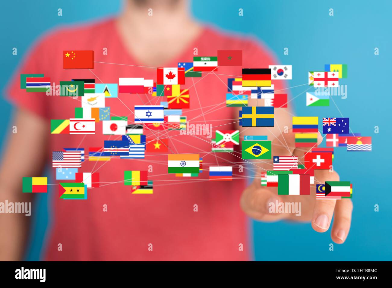 3D rendering of different flags floating in the air with a man pointing ...