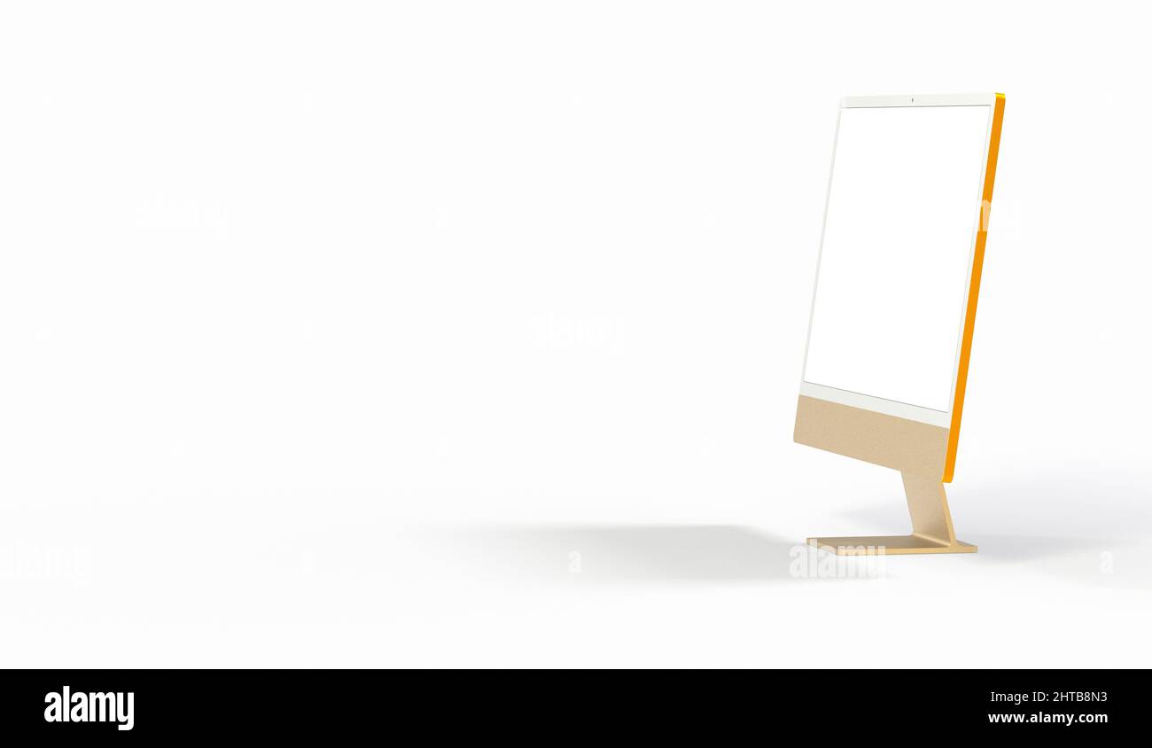 3D rendering of a gold computer screen with copy space on a white ...