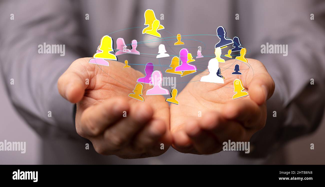 3D rendering of colorful networking person icons floating above a man's ...