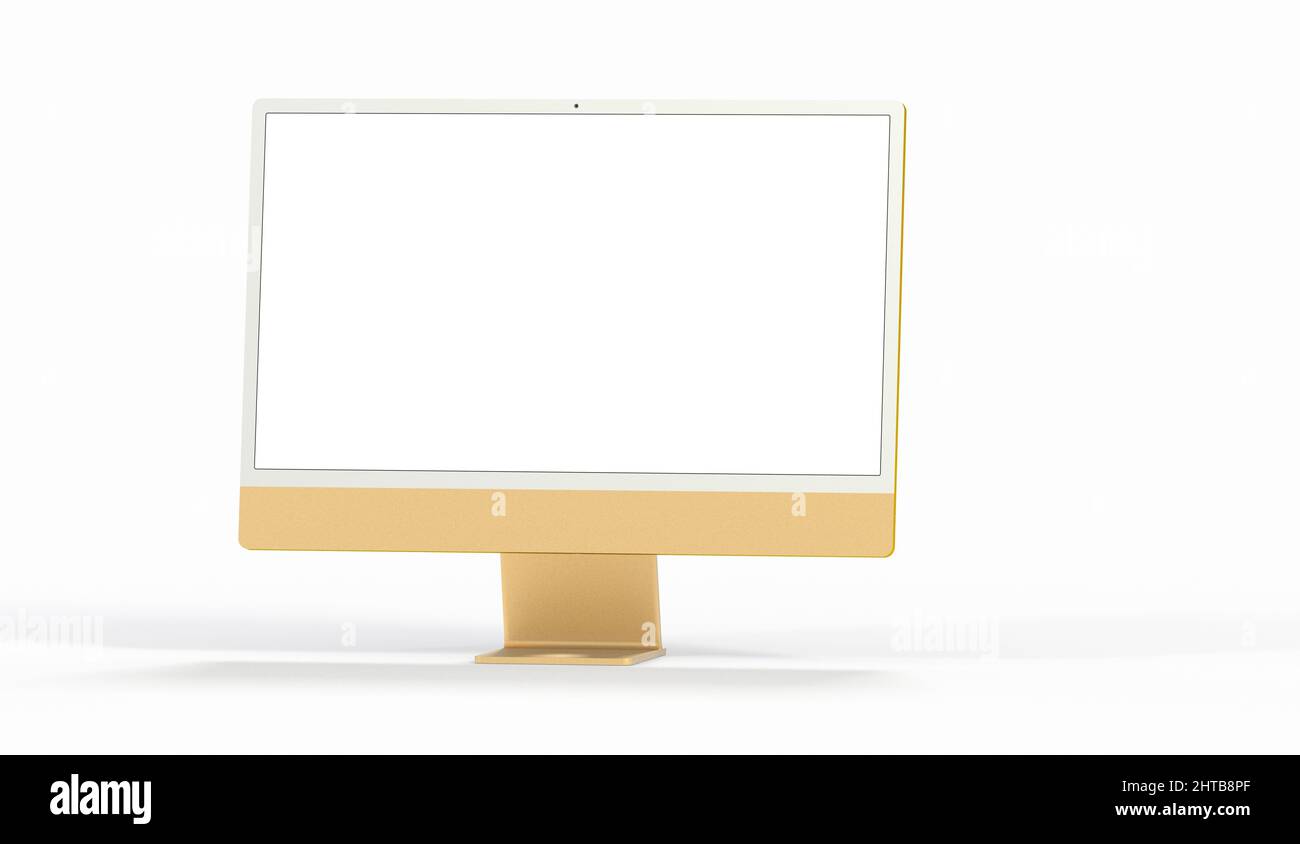 3D rendering of a yellow computer monitor with copy space on an ...
