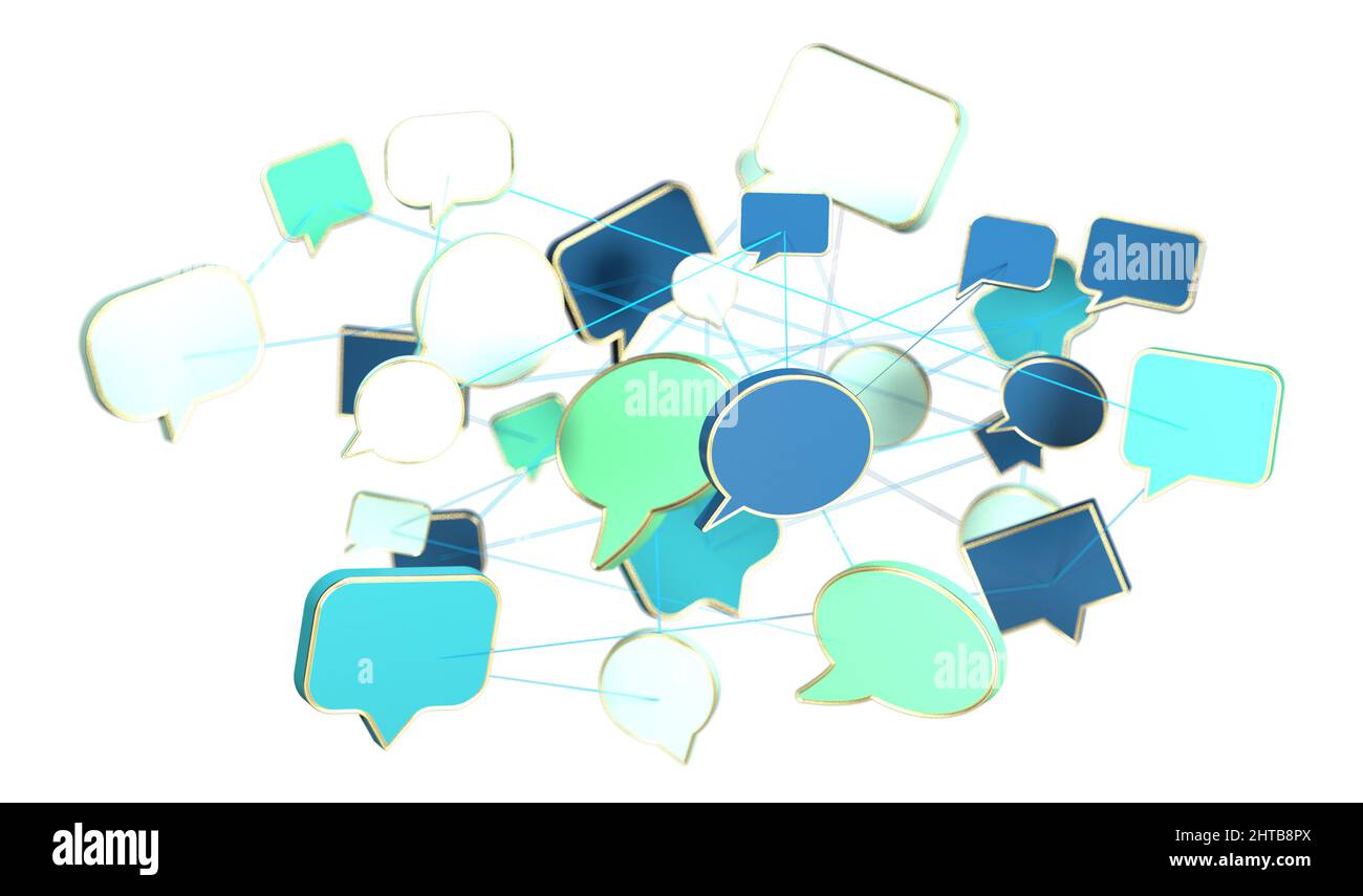 3D rendering of blue and green networking icons on an isolated white ...