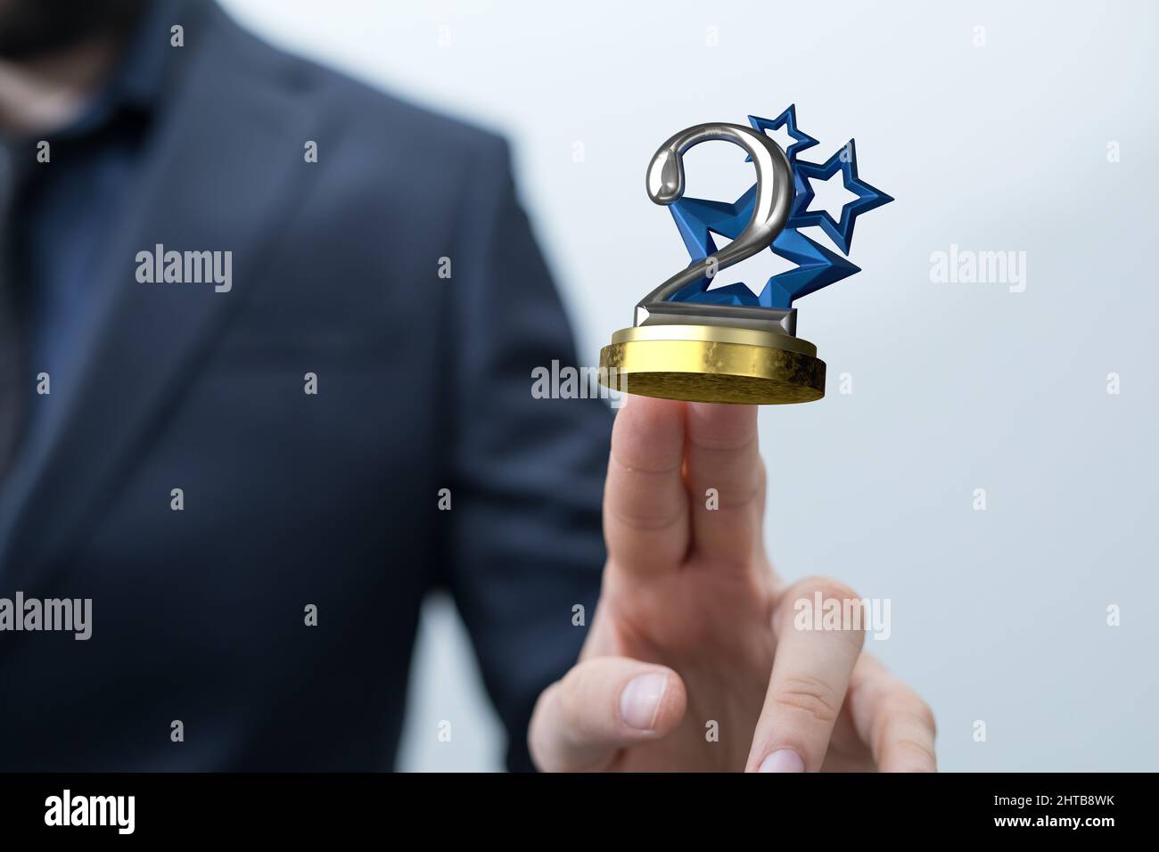 3D rendering of a 2nd place trophy floating in the air with a man ...