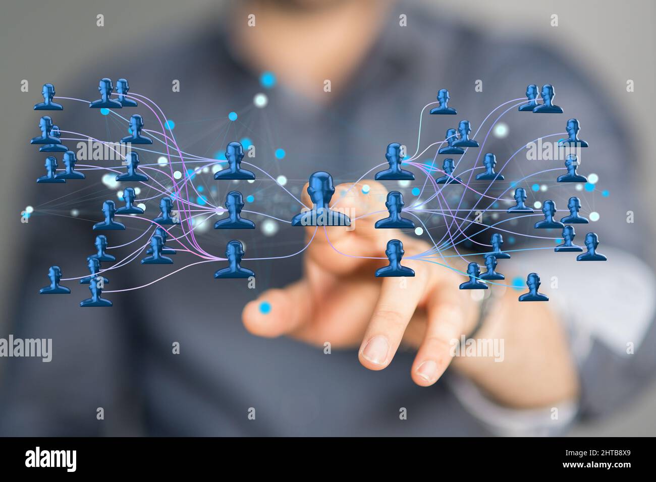 3D rendering of networking business people icons in the air with a man ...