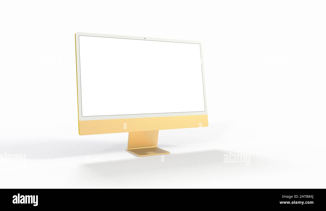 3D rendering of a gold computer screen on a white background with copy ...