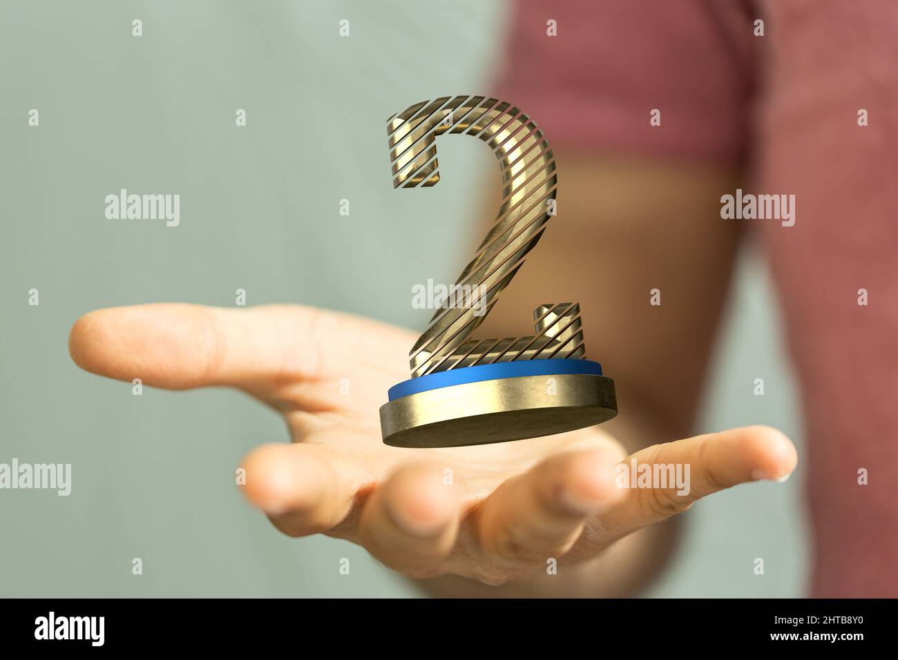 3D rendering of a 2nd place trophy floating in the air with a man ...