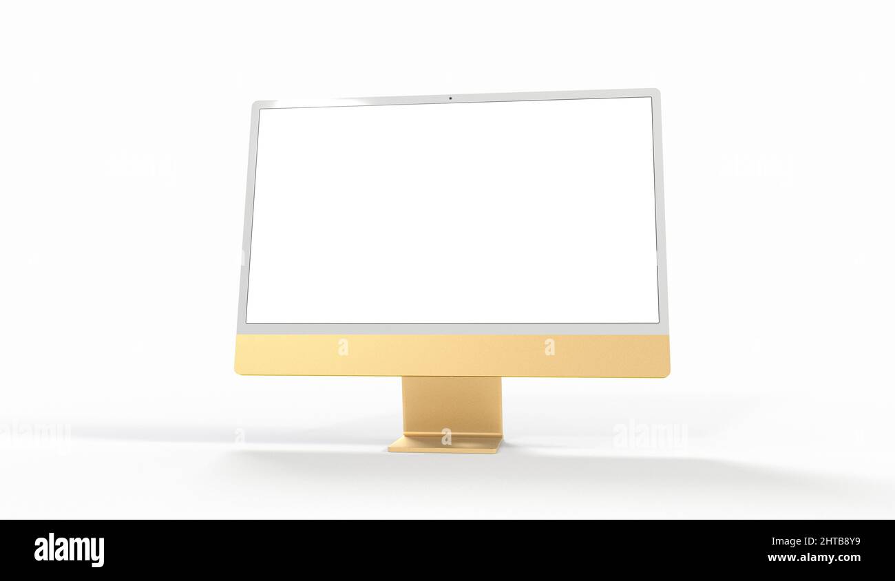 3D rendering of a gold computer display with copy space on a white ...