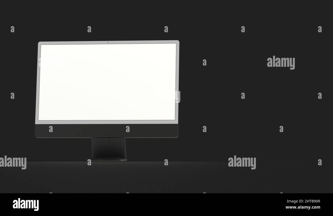 3D rendering of a black flat computer screen with a camera isolated on ...