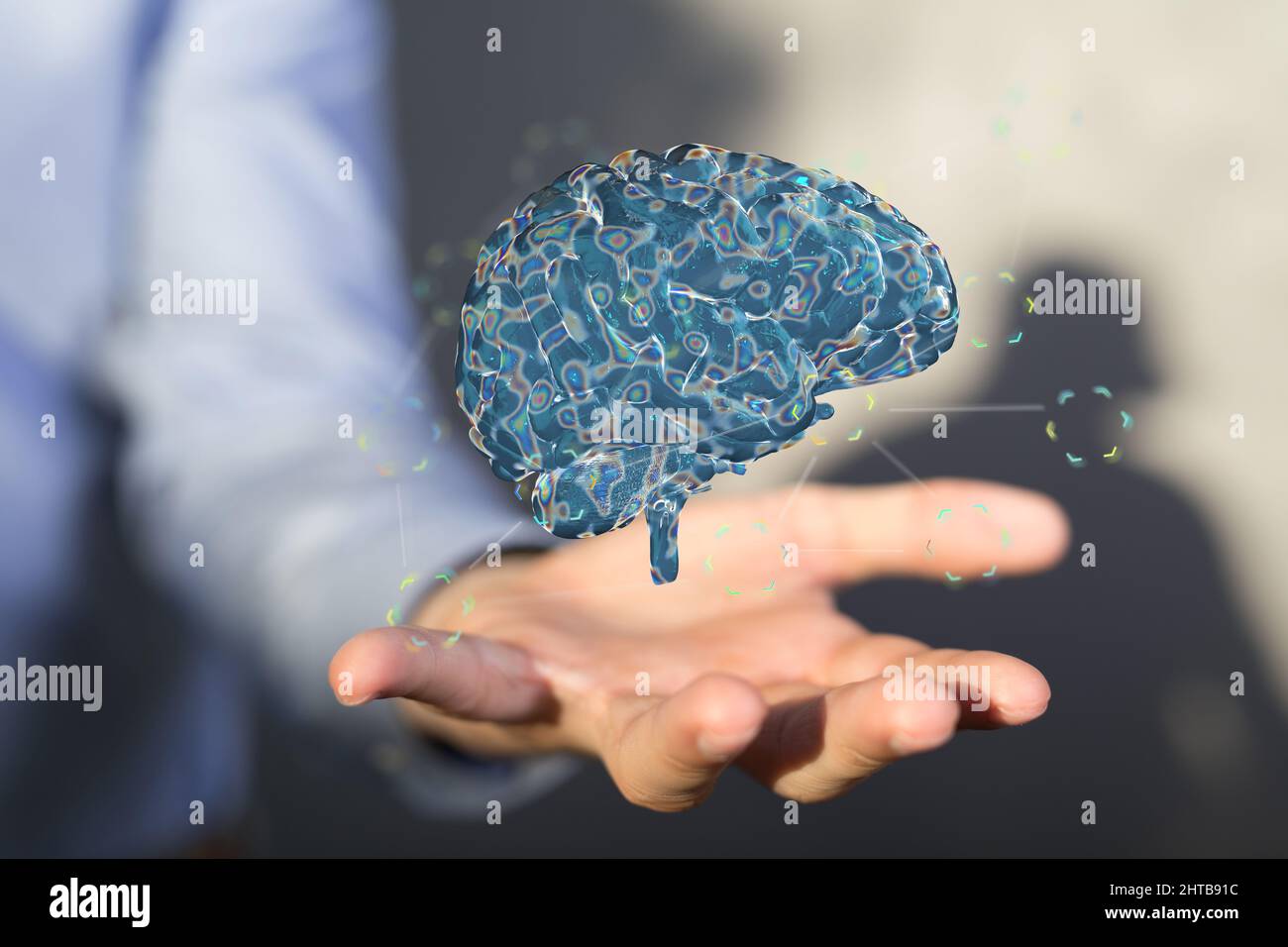 3D rendering of a blue glowing human brain floating in the air with a ...