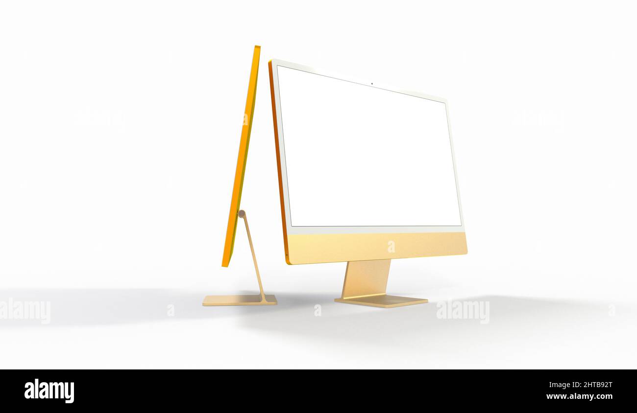 3D rendering of gold computer screens on an isolated white background ...