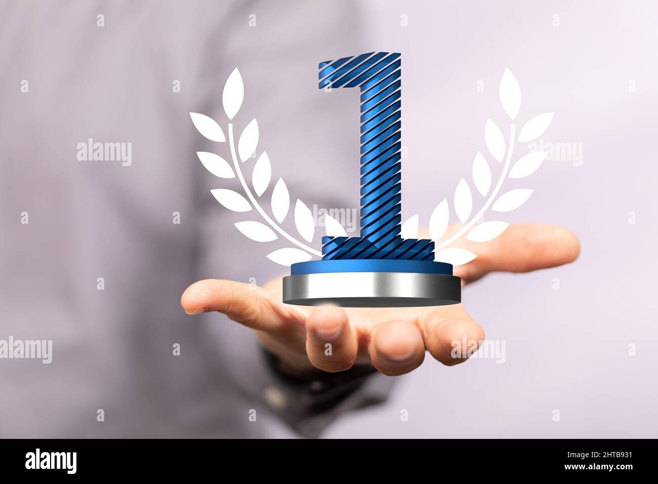 3D rendering of a blue 1st place trophy with a man holding his hand up ...