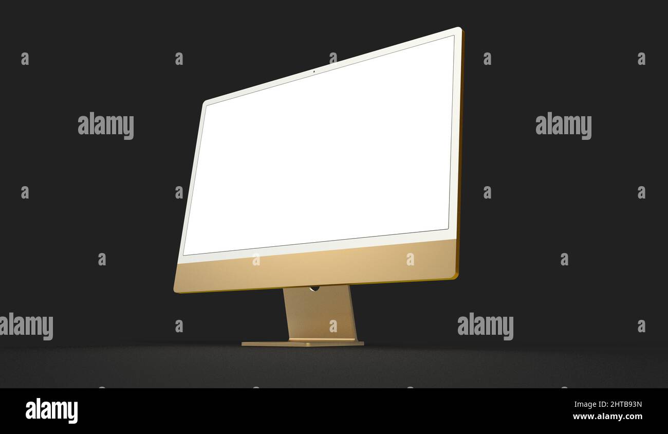 3D rendering of a gold computer screen on a black background with copy ...