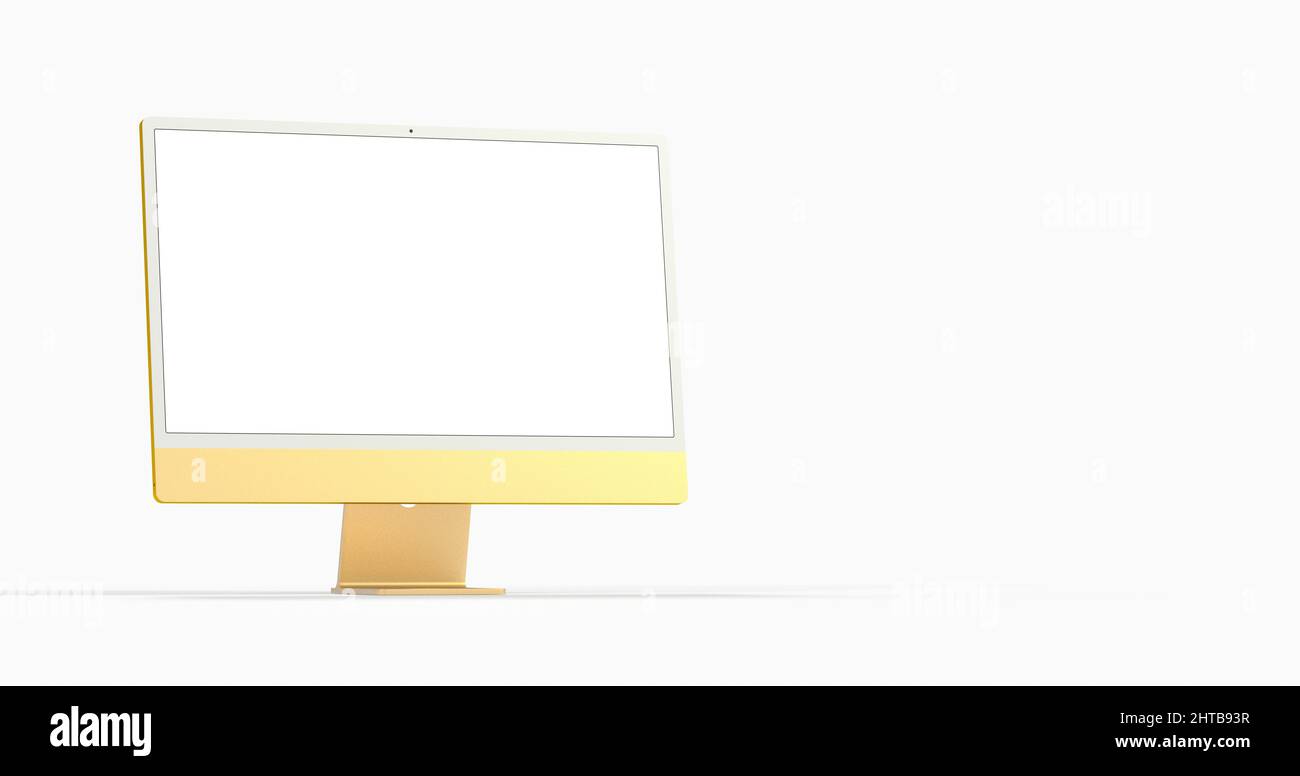 3D rendering of a gold computer screen with copy space on an isolated ...