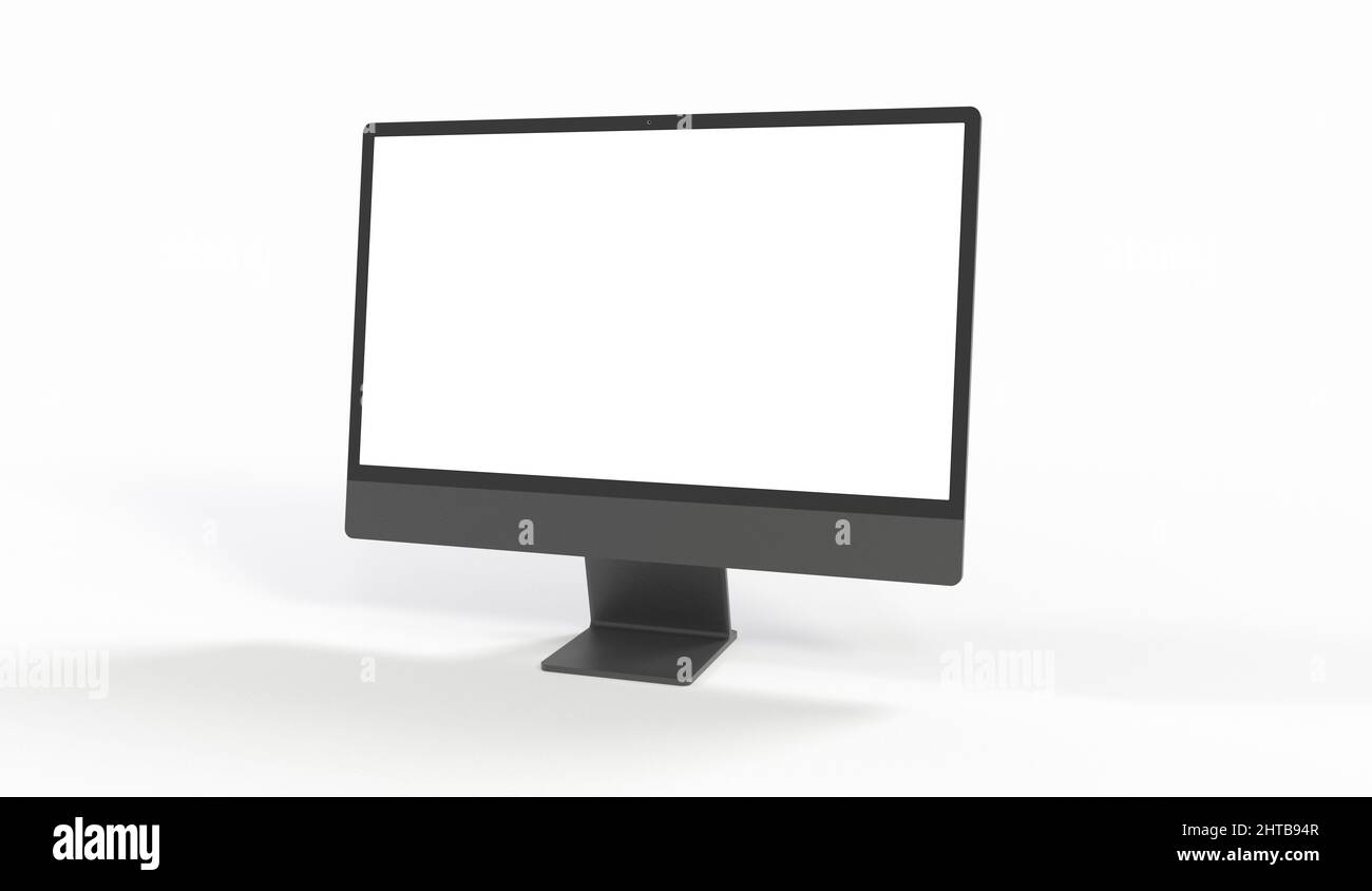 3D rendering of a black flat computer screen with a camera isolated on ...