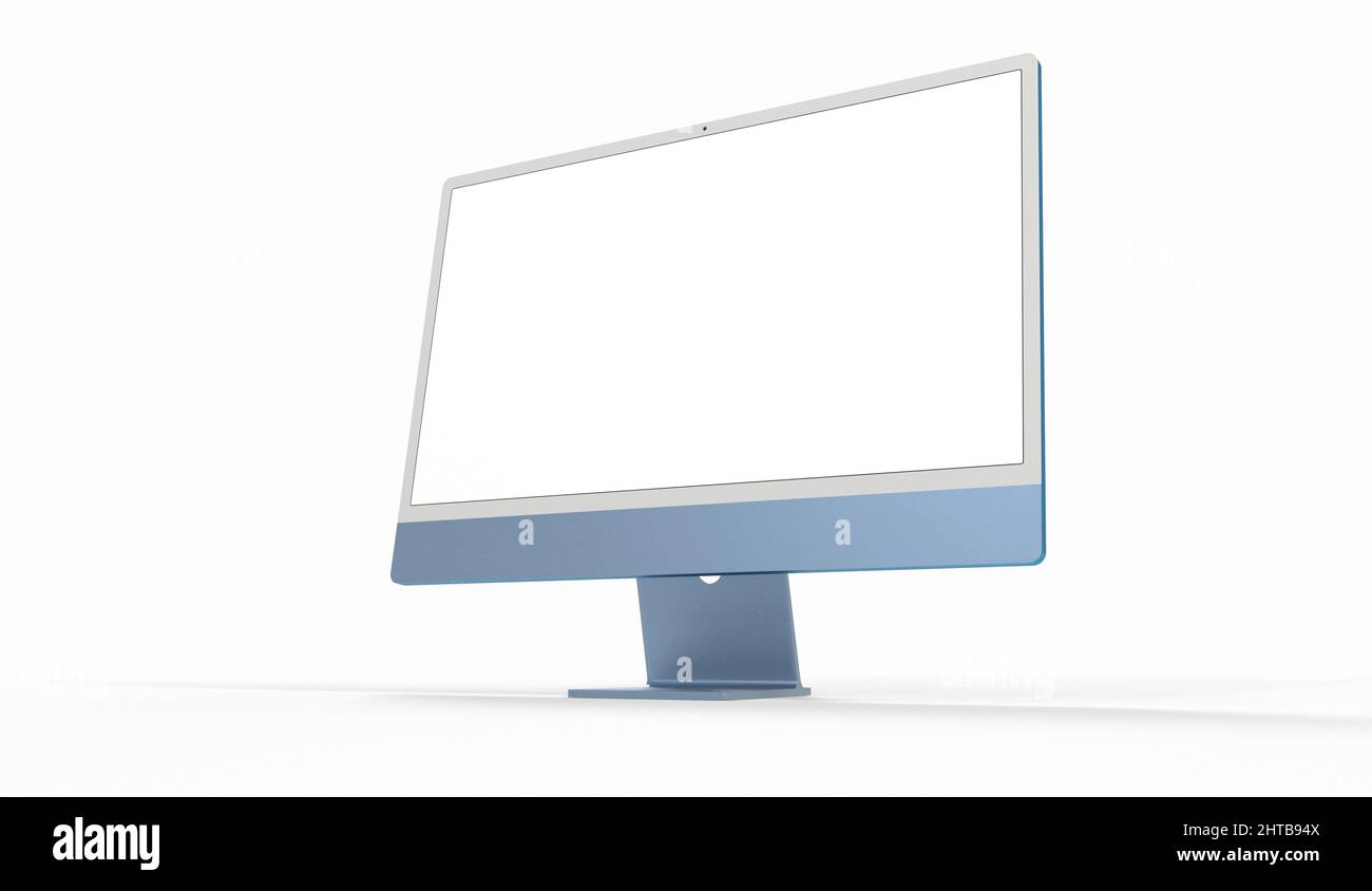 3D rendering of a blue flat computer screen with a camera isolated on a ...