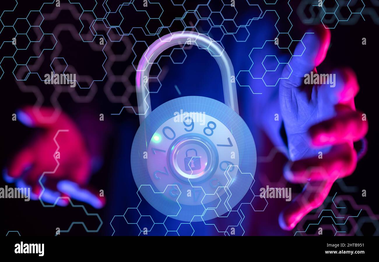 Person presenting a virtual projection of a lock representing ...