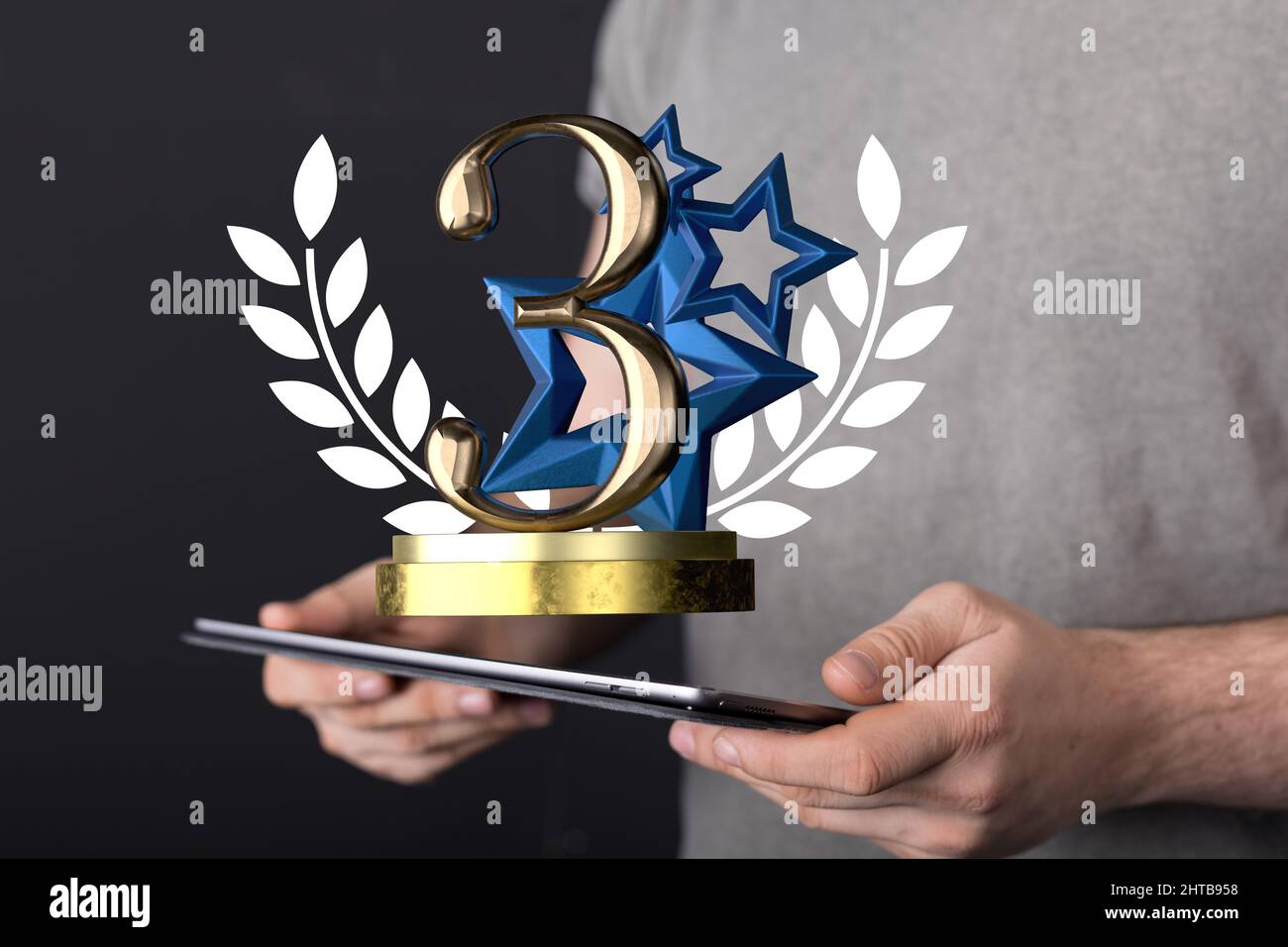 Person presenting a virtual projection of a third place award Stock ...