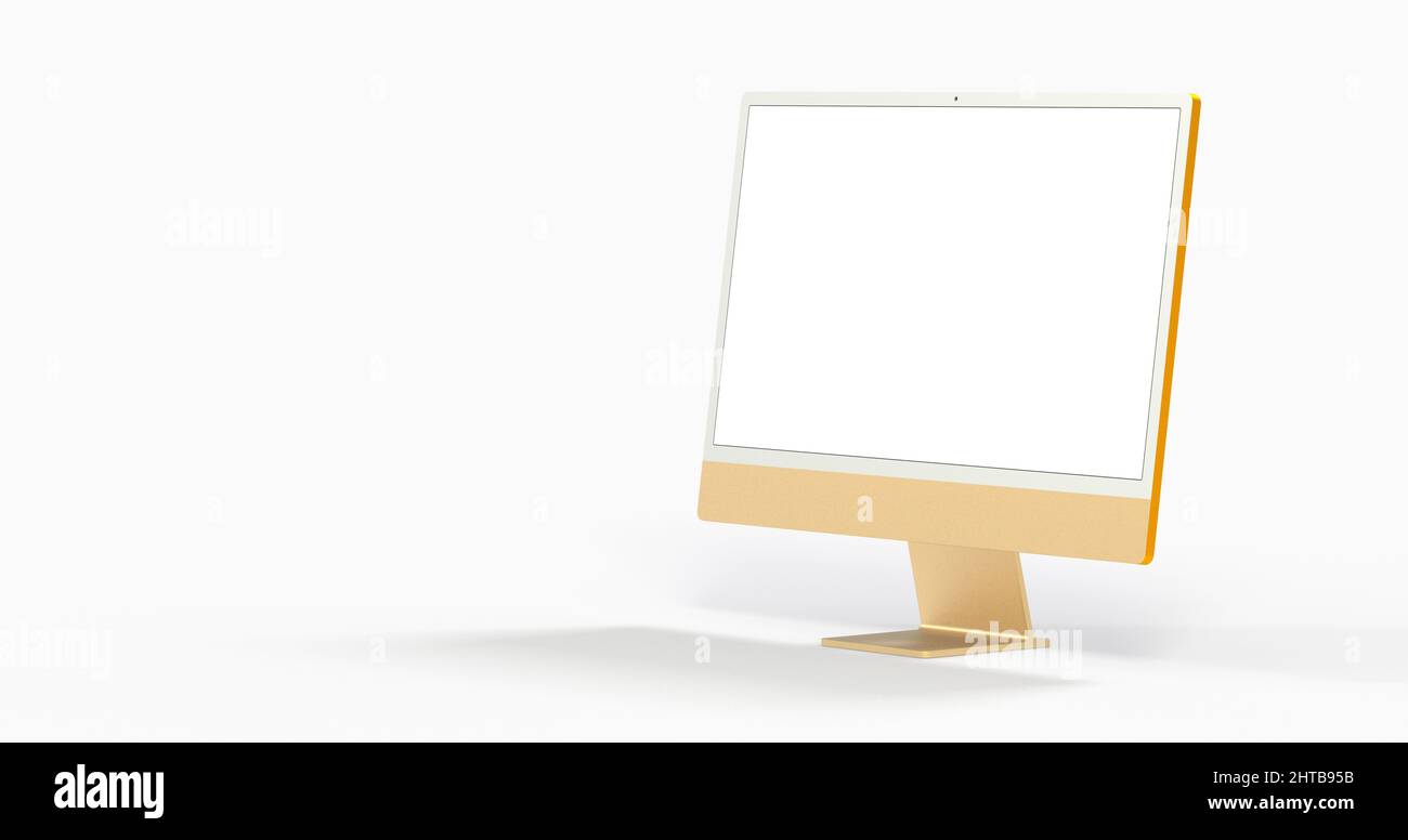 3D rendering of a gold computer screen with copy space on an isolated ...