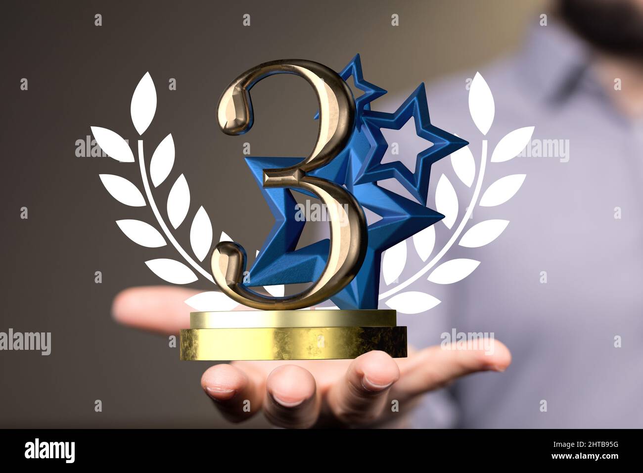 Closeup of a person holding an illustrative digital third-place trophy ...