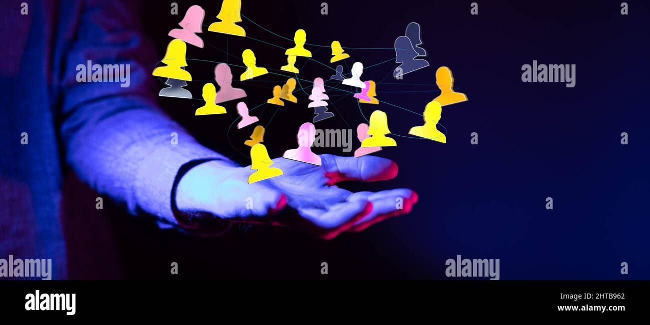 3D rendering of networking icons floating in the air with a man holding ...