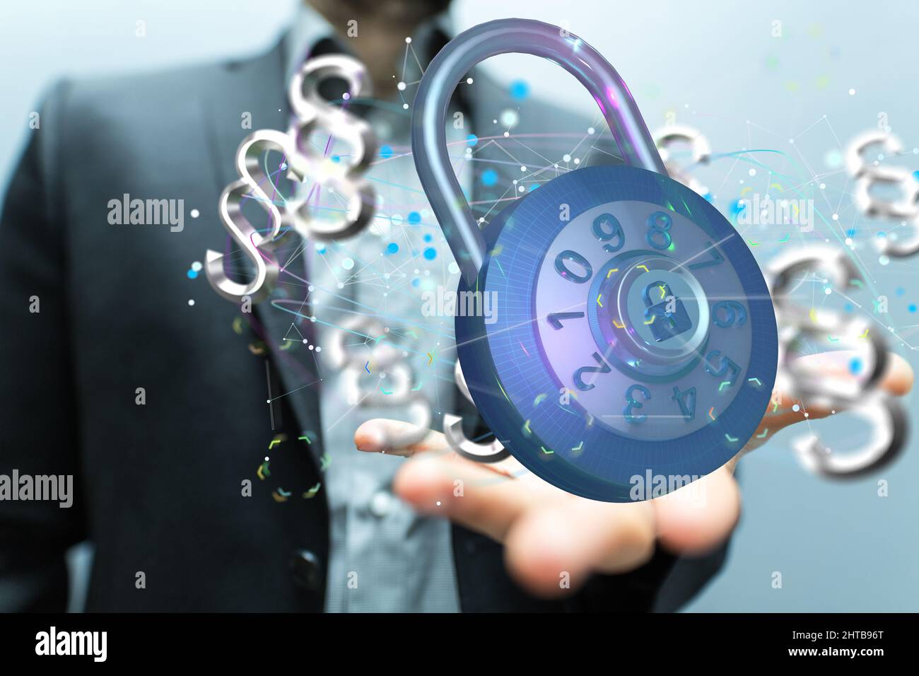 3D rendering of a metal lock with section signs around it in the air with a man in the ...