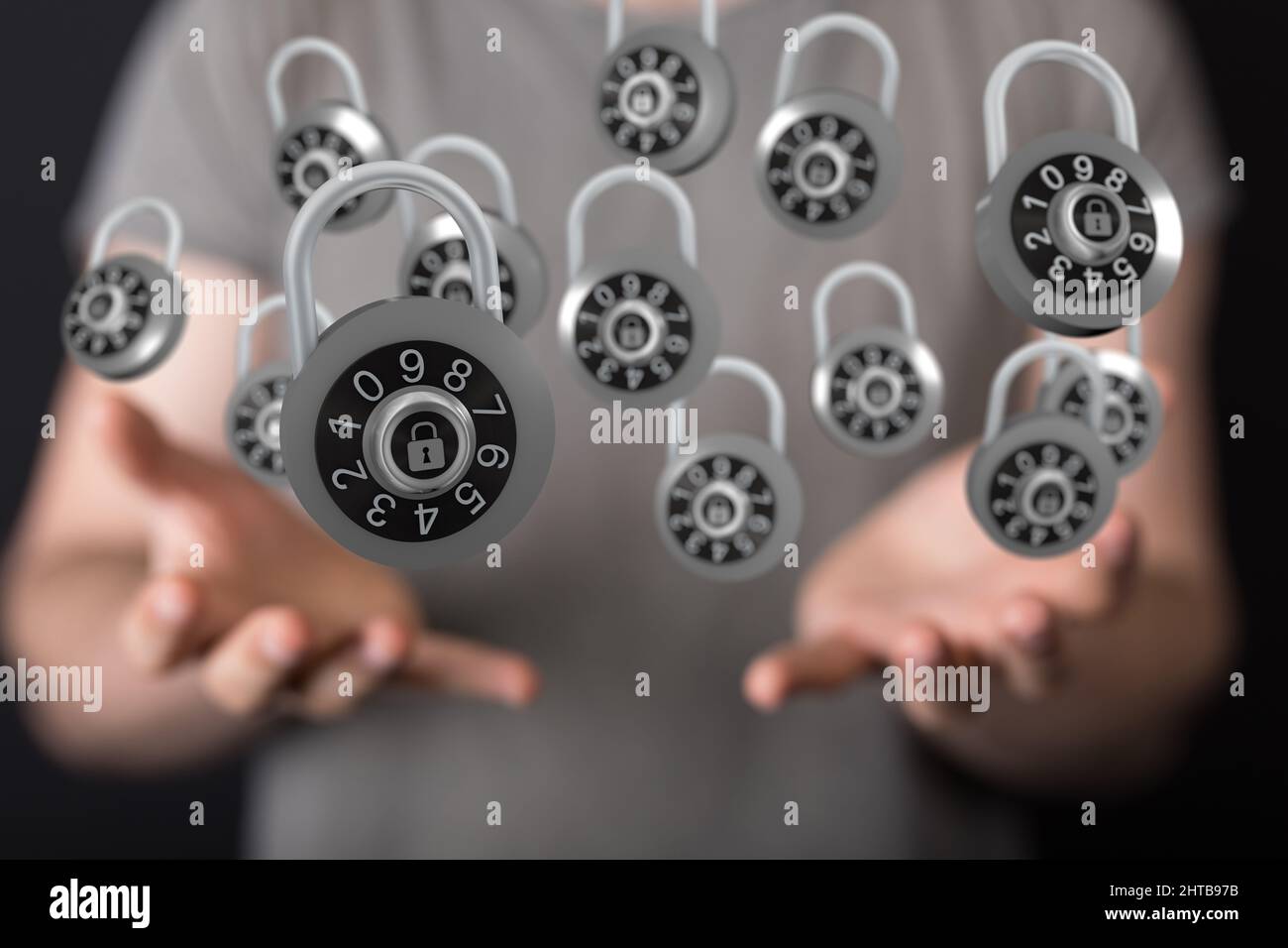 Person presenting a virtual projection of locks representing ...