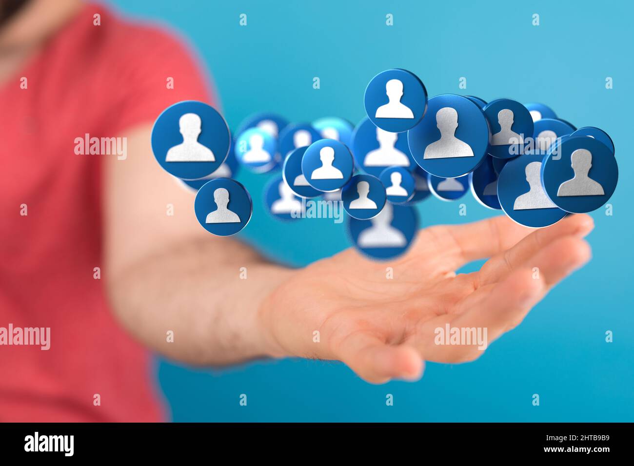 Hand reaching for 3D rendered icons of people - networking, remote work ...