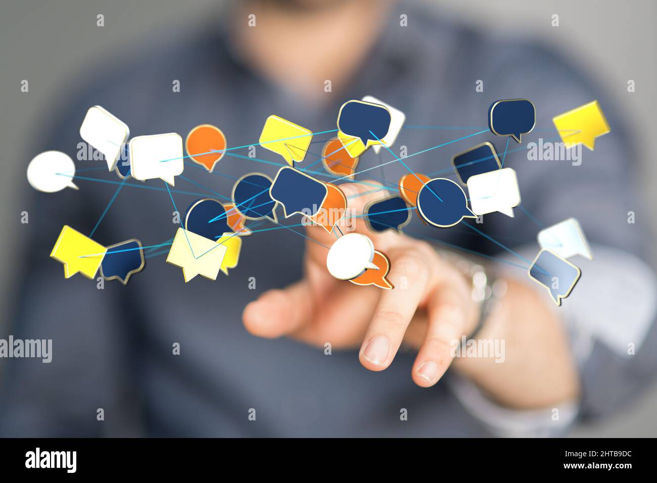Person presenting a virtual projection of message bubbles Stock Photo ...