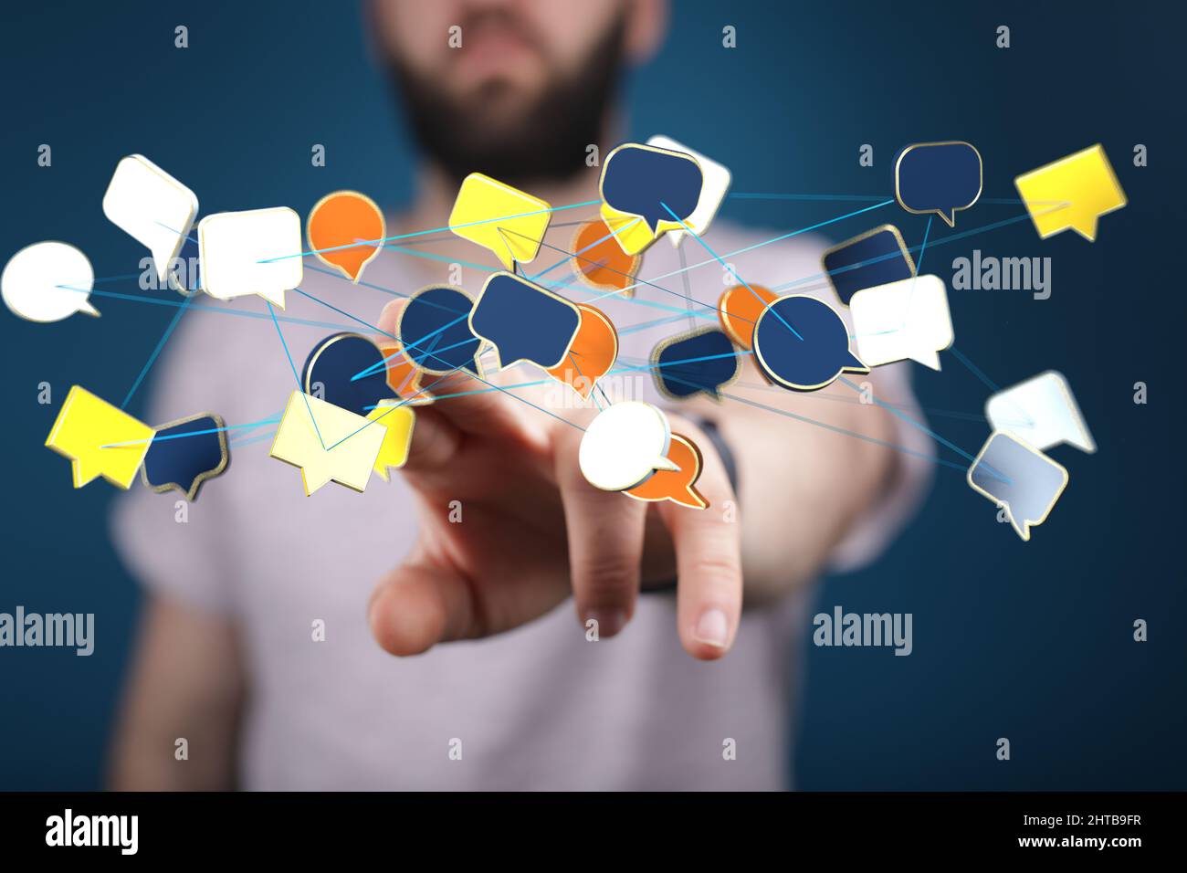 Hand touching a group of 3D rendered speech bubbles Stock Photo - Alamy