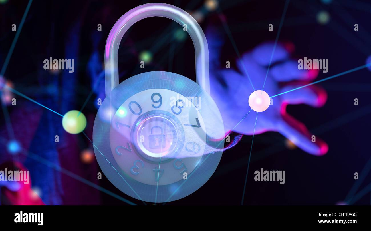 Shallow focus shot of human hands holding a digital padlock ...