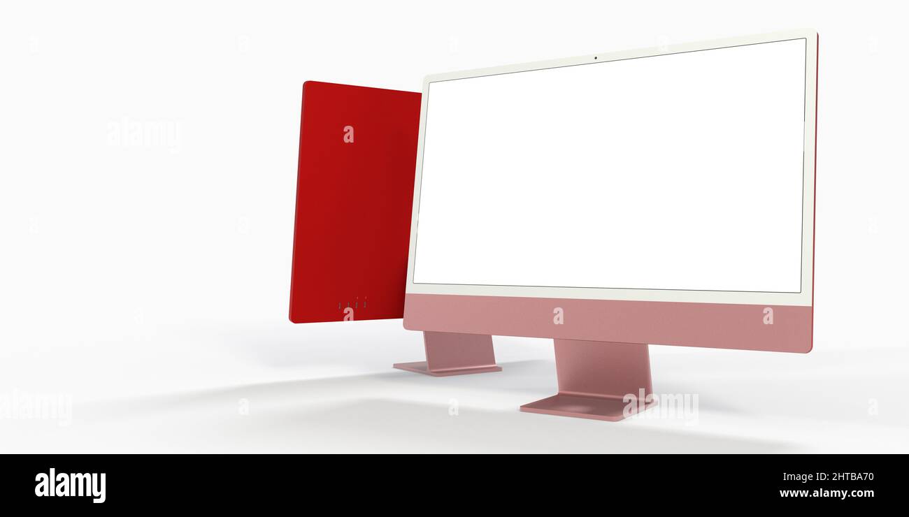 3D illustration of realistic flat-screen computer monitor mockup with a ...