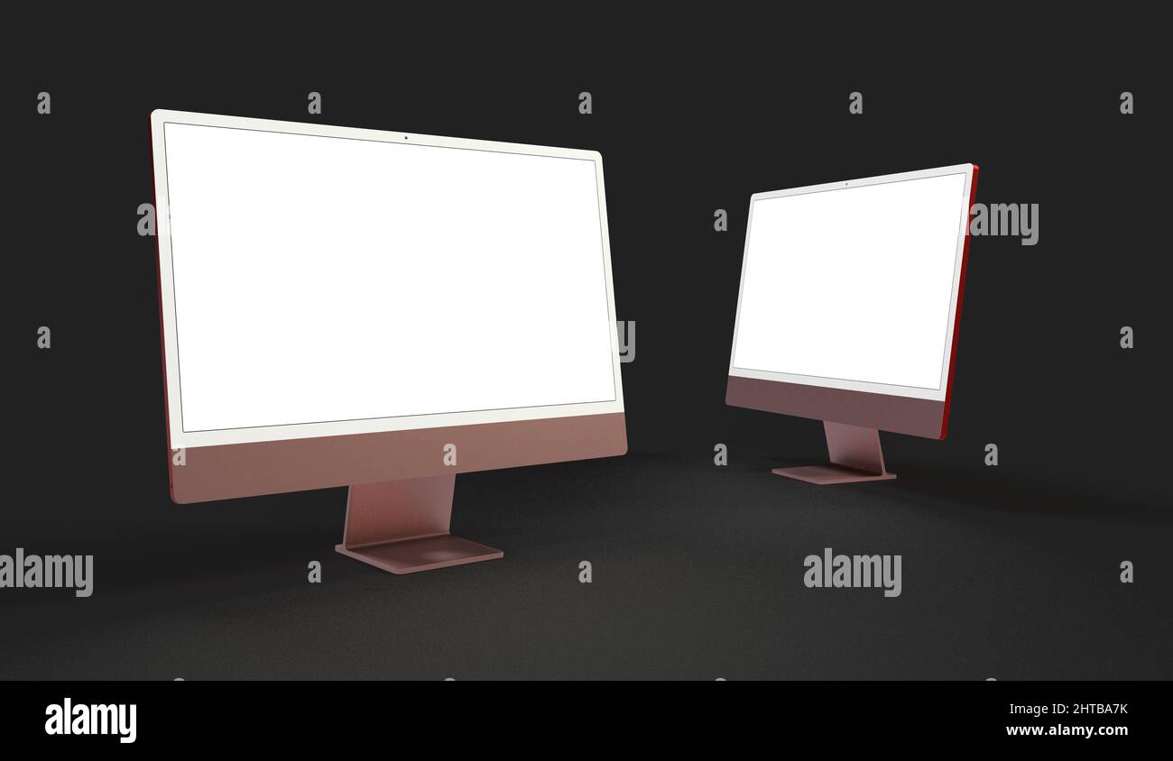 3D illustration of two computer display mockups with a blank white ...
