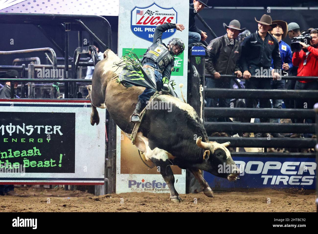 Jose Vitor Leme of Brazil rides a bull during the PBR Pluto TV ...